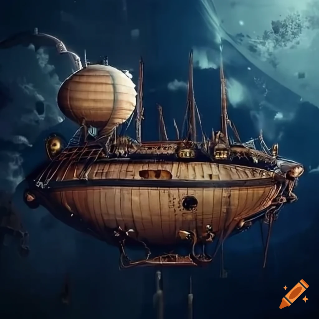 Grand steampunk airship venturing over space and land on Craiyon