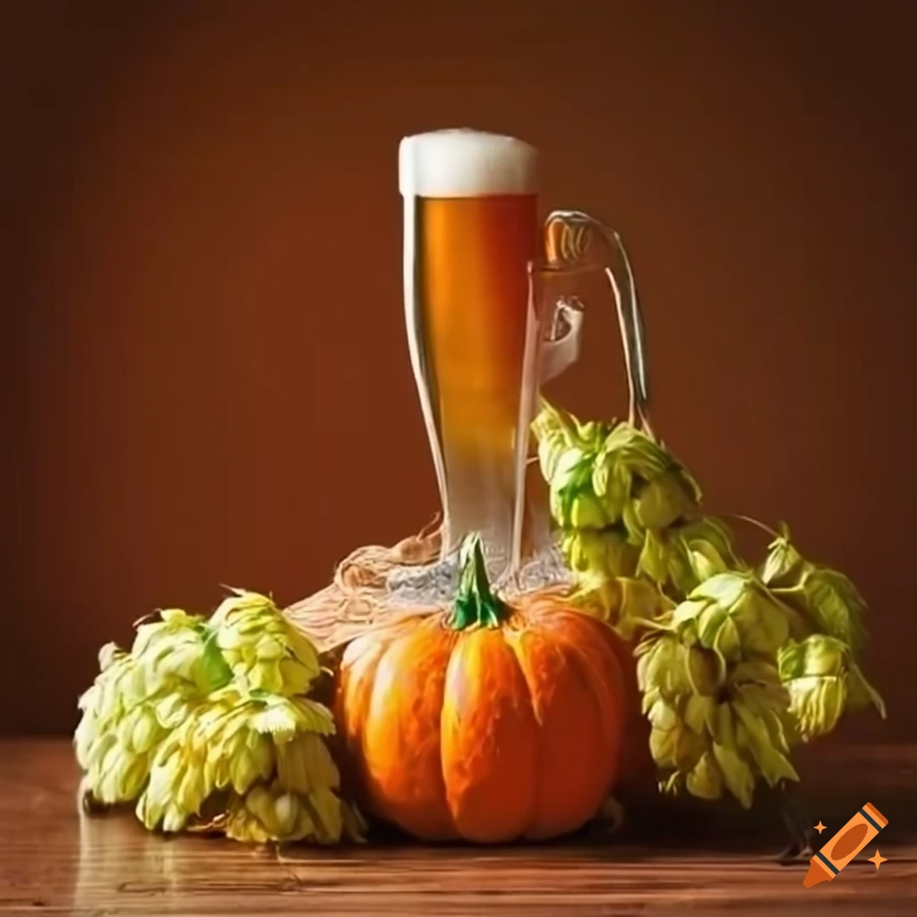 Autumn beer with hops and pumpkin decoration on Craiyon
