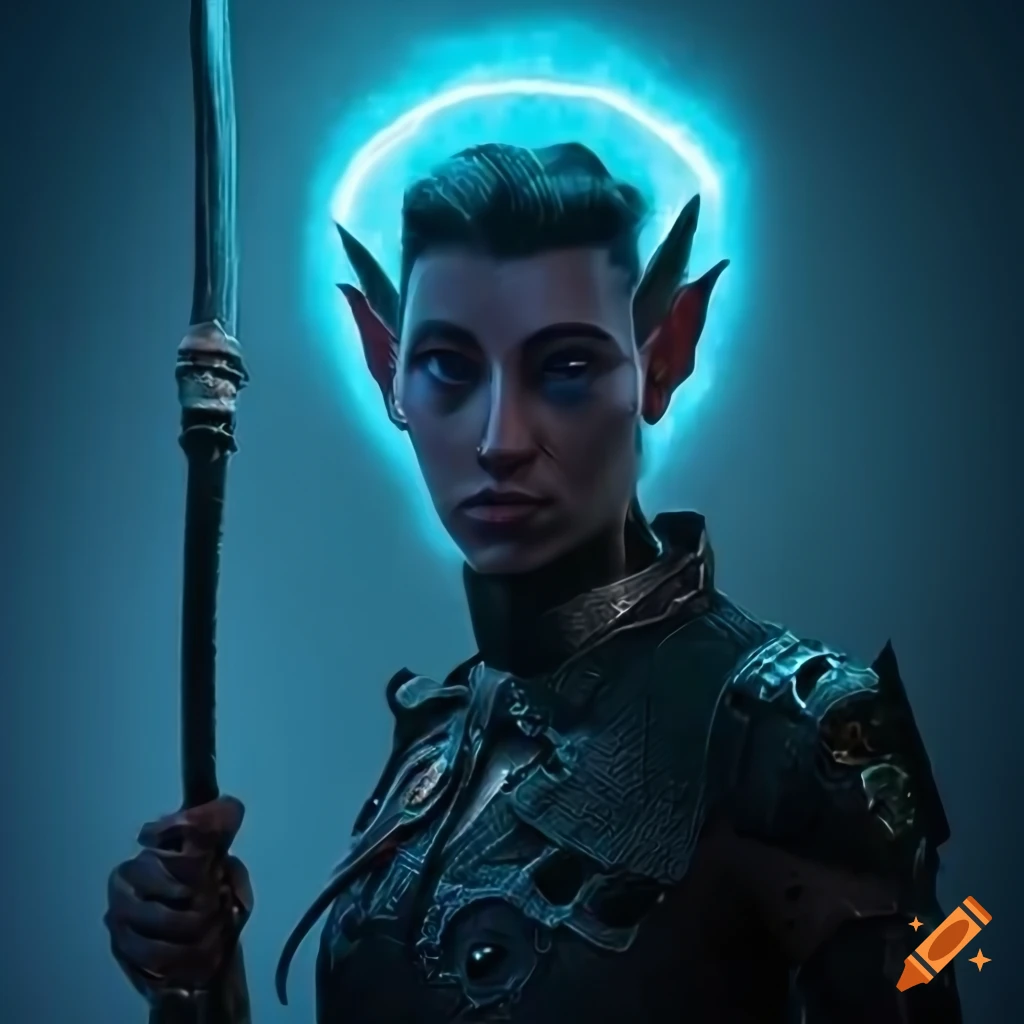Cyborg-Elf Wizard, long-ears, detailed glowing cybernetics, holding ...