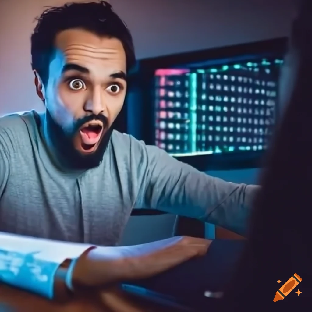 Man being surprised while using computer with code in background on Craiyon