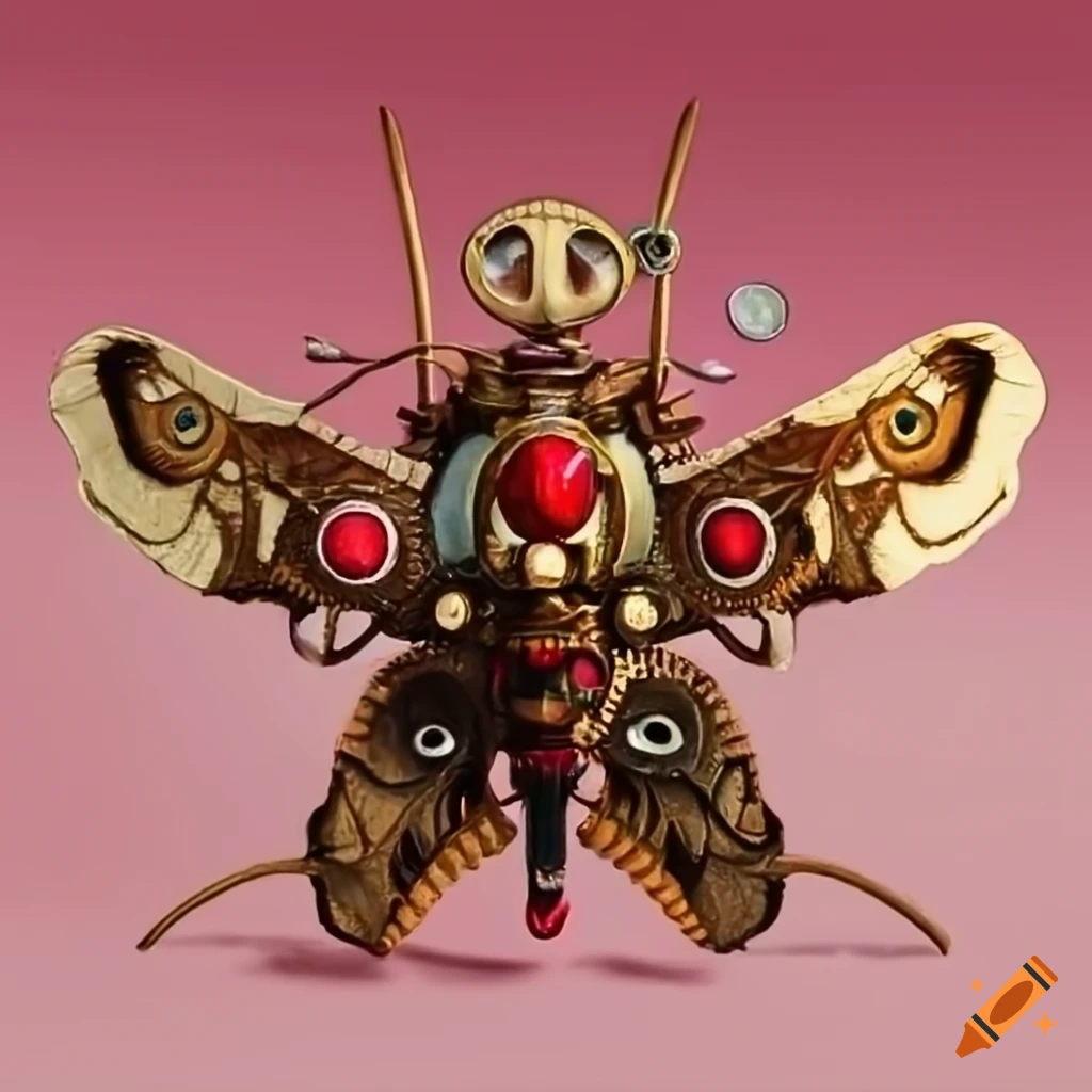 Steampunk mechanical moth with six wings and ruby red eyes