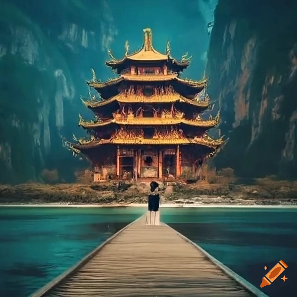A river in China, tropical water, temple ::1 gold, beach ::1 sand ...