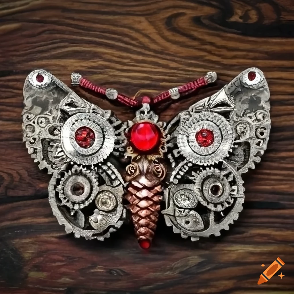 Steampunk silver moth with gears and ruby red eyes and six mechanical wings