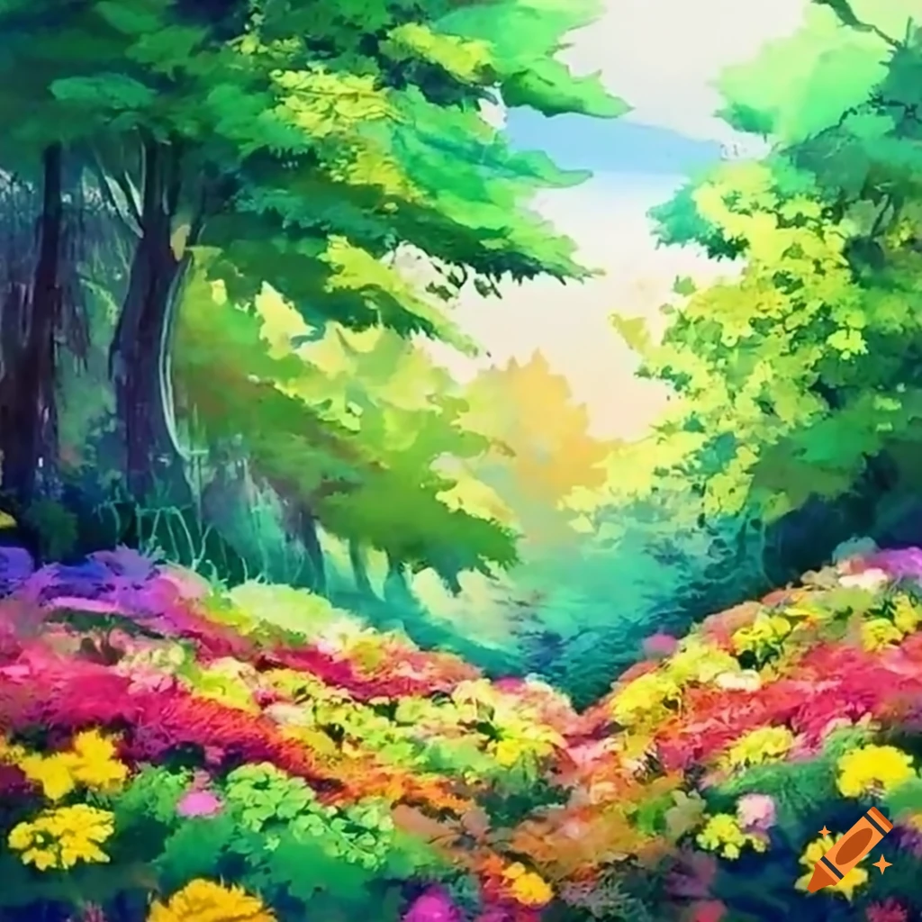 Forest clearing, lots of trees, details, dense, flowers field on Craiyon