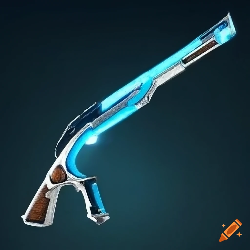 Sci-fi musket rifle with blue glow, metal frame, and long barrel on Craiyon