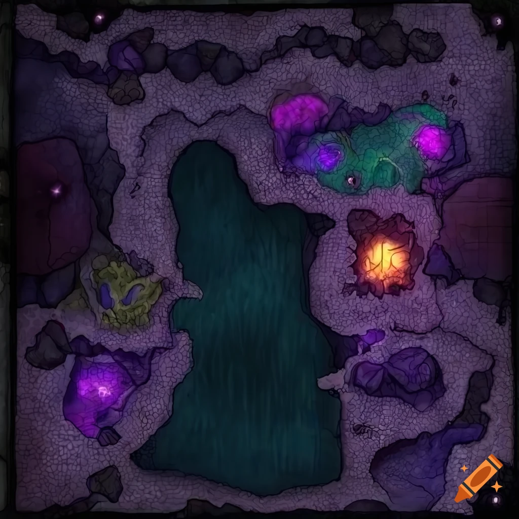 Gridless top down d&d map of a cave with glowing mushrooms, purple gems ...