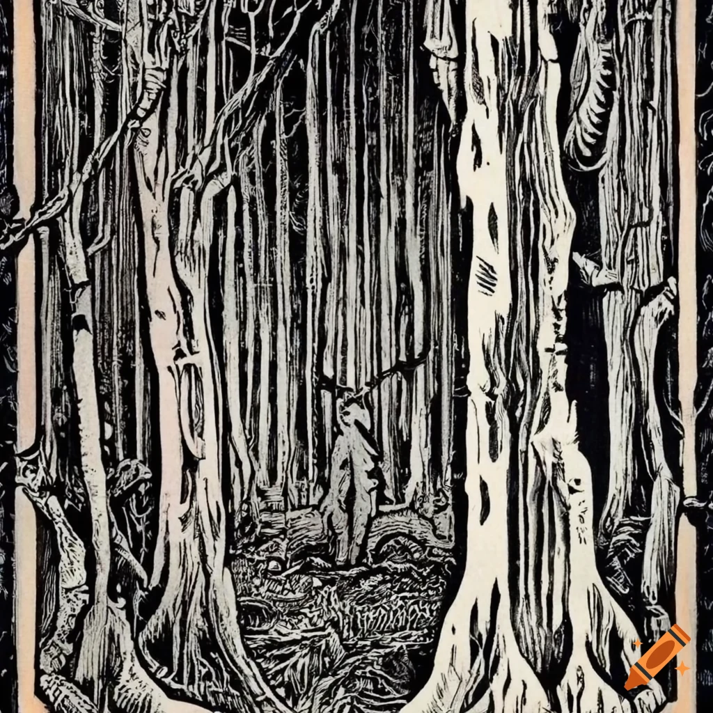 The woodcut-style illustration captures the eerie and malevolent ...