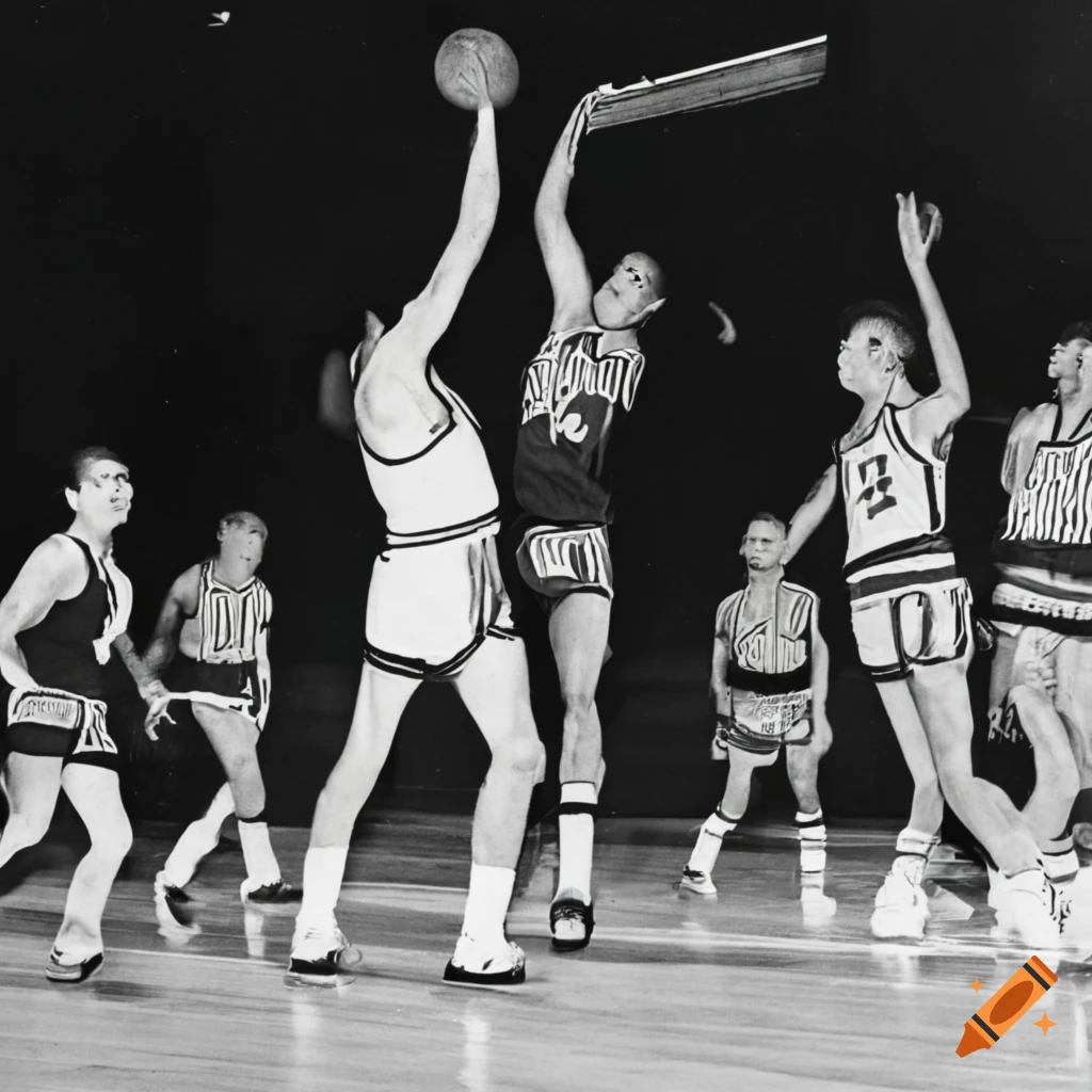 A vintage black and white photograph of basketball players on Craiyon