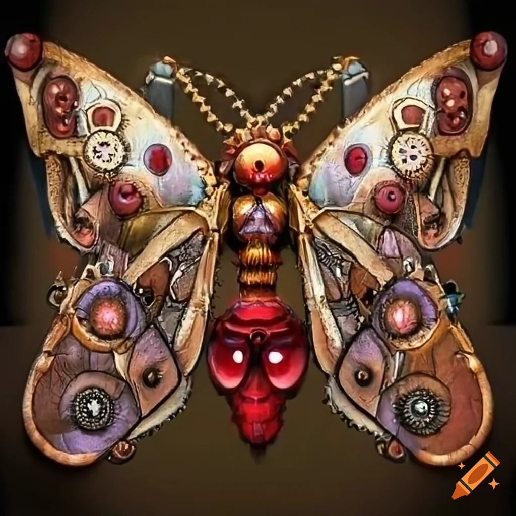 Steampunk mechanical moth with six wings and ruby red eyes