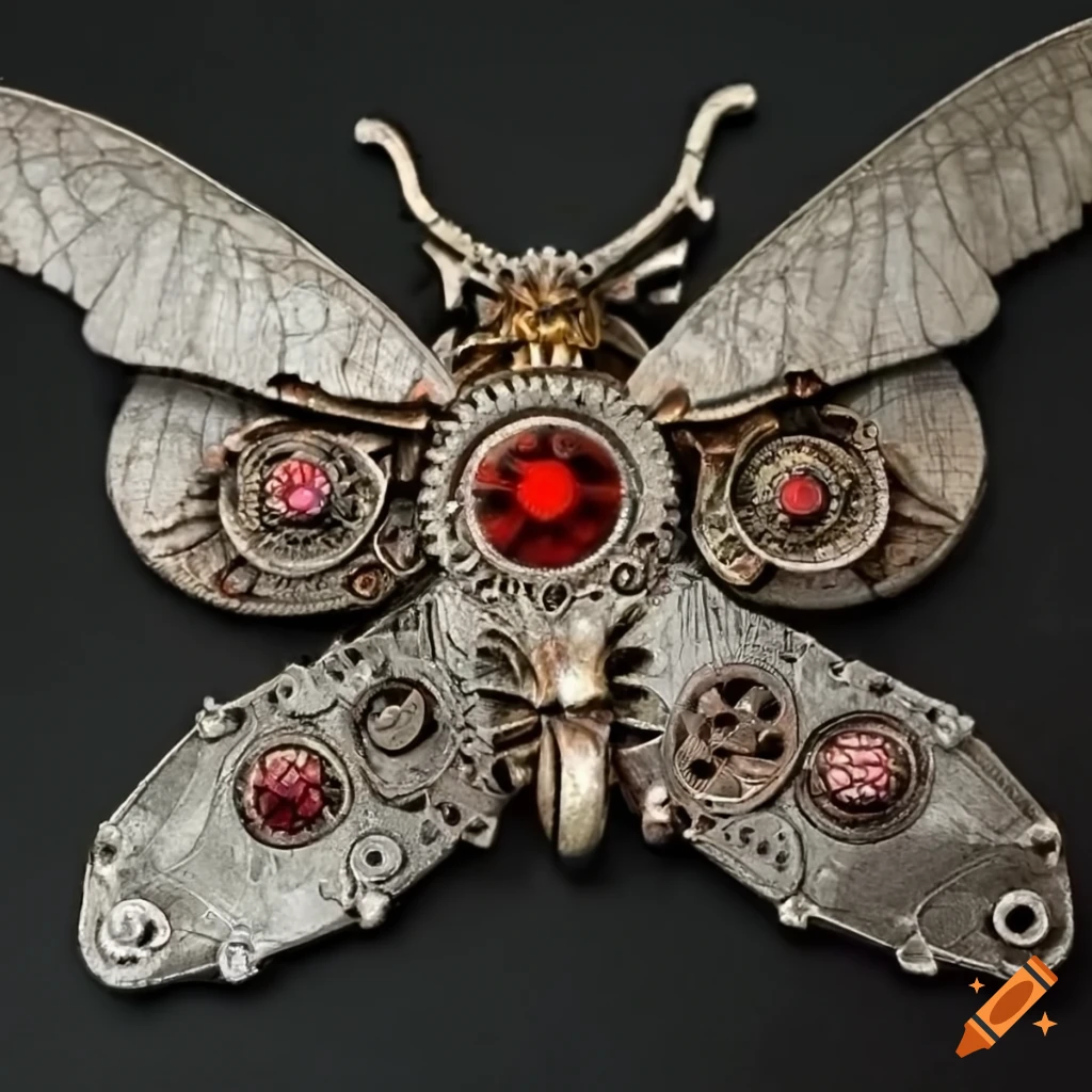 Steampunk silver moth with gears and ruby red eyes and six mechanical wings