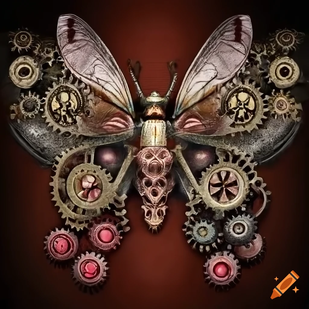 Steampunk silver moth with gears and ruby red eyes and six mechanical wings