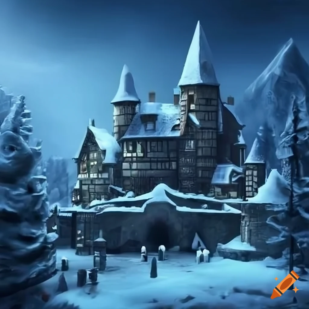 Snowy medieval town made of ice, fantasy world on Craiyon
