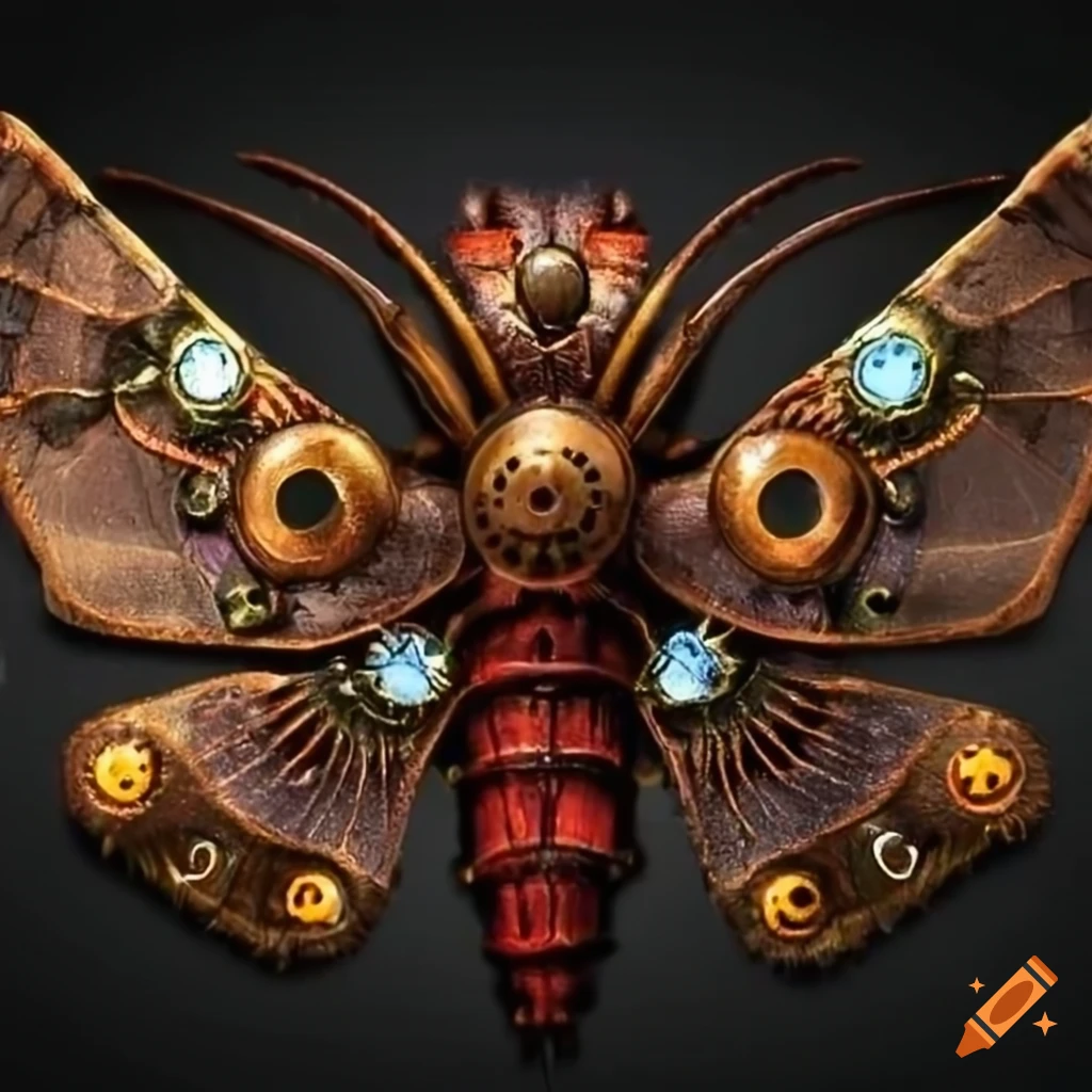 Steampunk metallic moth with six wings and bright red eyes