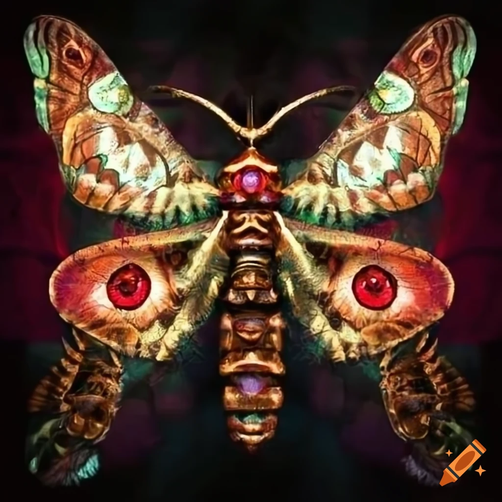 Steampunk metallic moth with six wings and bright red eyes