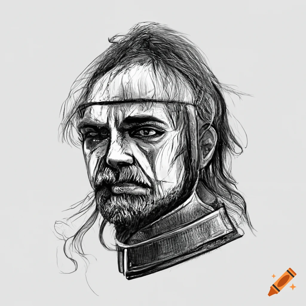 A knight with moustache, black and white medieval portrait