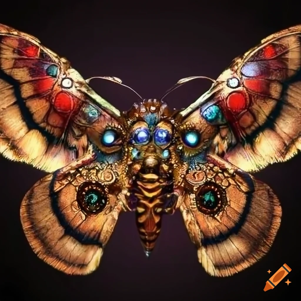 Steampunk metallic moth with six wings and bright red eyes on Craiyon