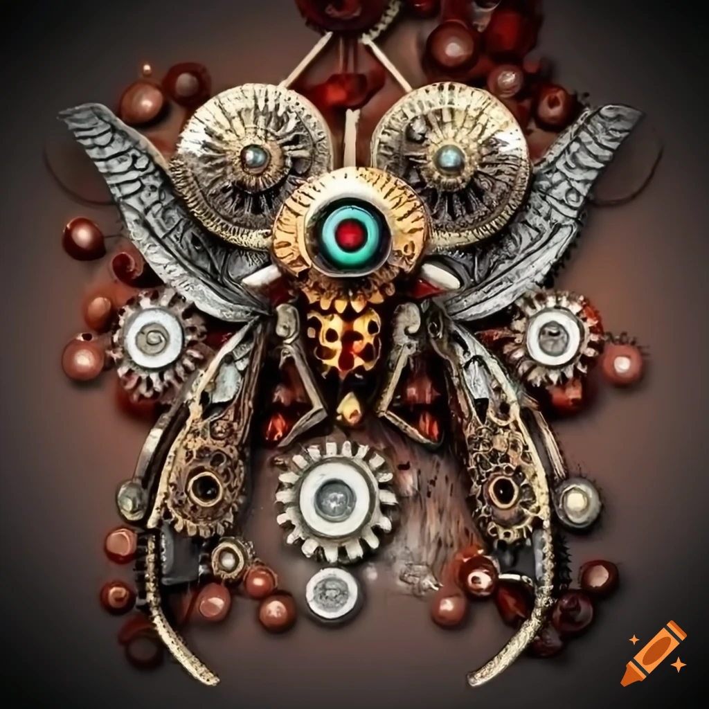 Steampunk silver moth with gears and ruby red eyes and six mechanical wings