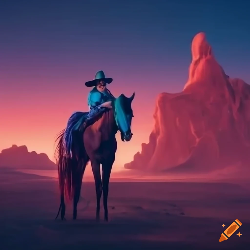 Cowboy girl standing near her horse at sunset desert with cactus ...