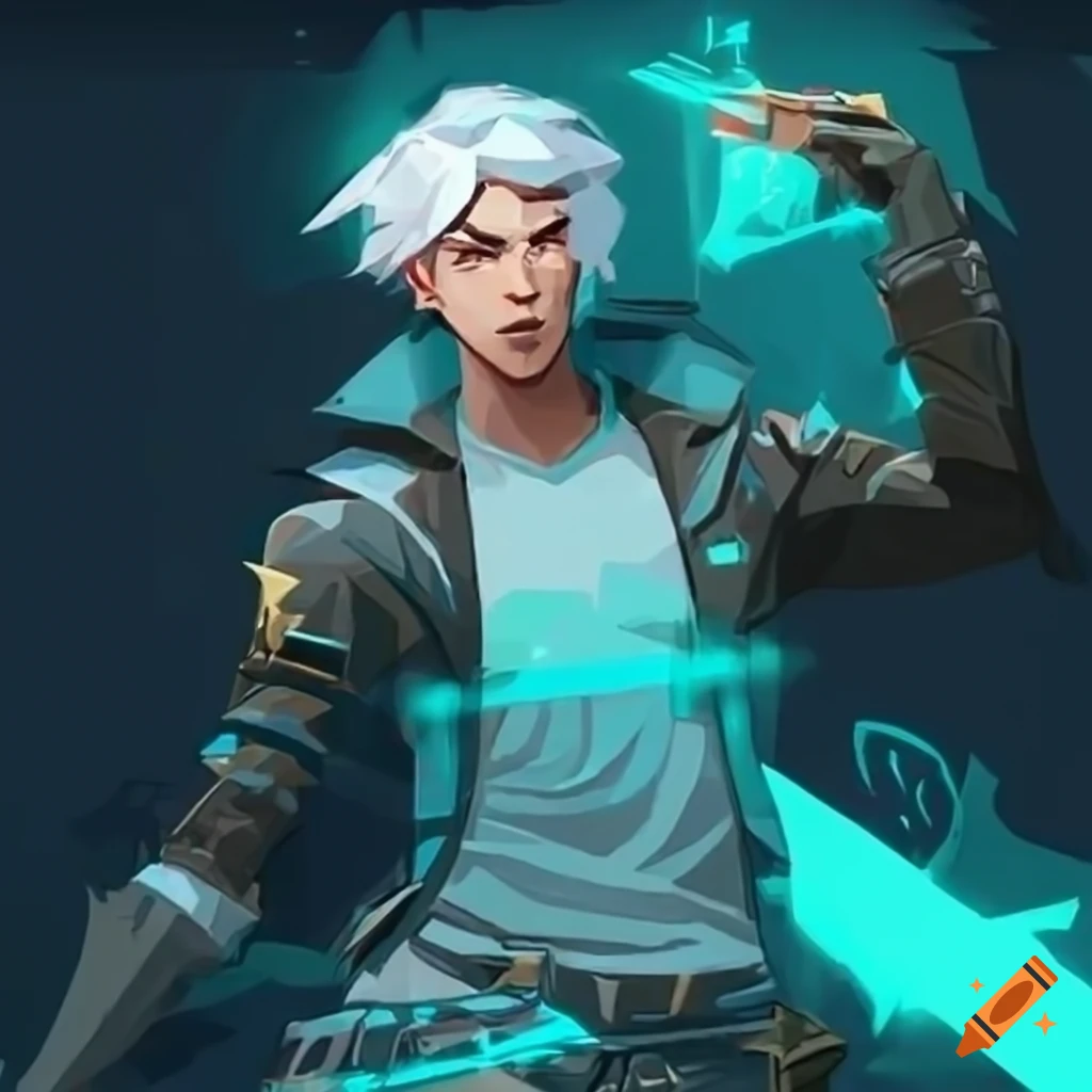 A Valorant Agent - Radiant, male, Caucasian, white hair and teal energy ...