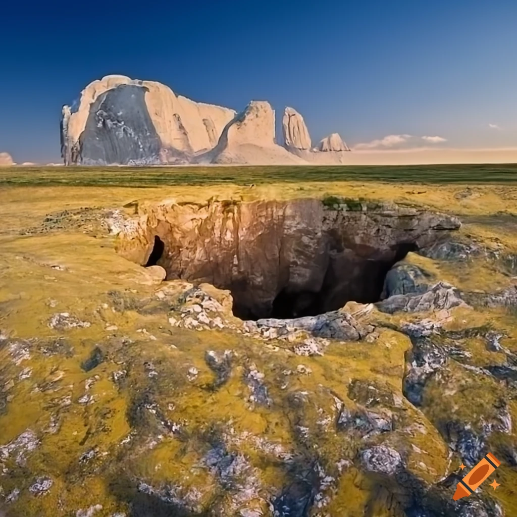 Cold dry grassland steppe, weathered limestone megalith standing over ...