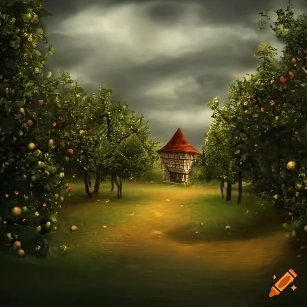 Fantasy medieval beautiful apple orchard with sandy path, heavy dark ...