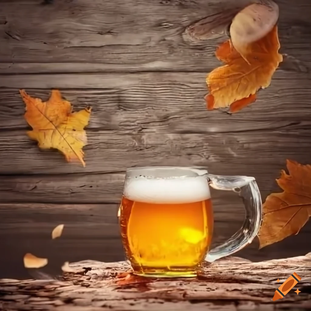 Amber beer in a wood with tree leaves falling on Craiyon