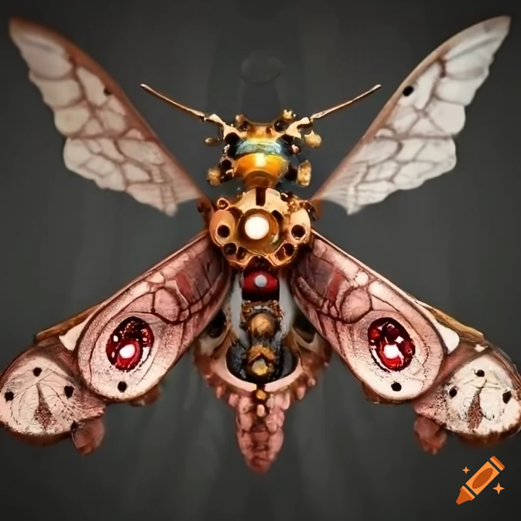 Steampunk mechanical moth with six wings and ruby red eyes