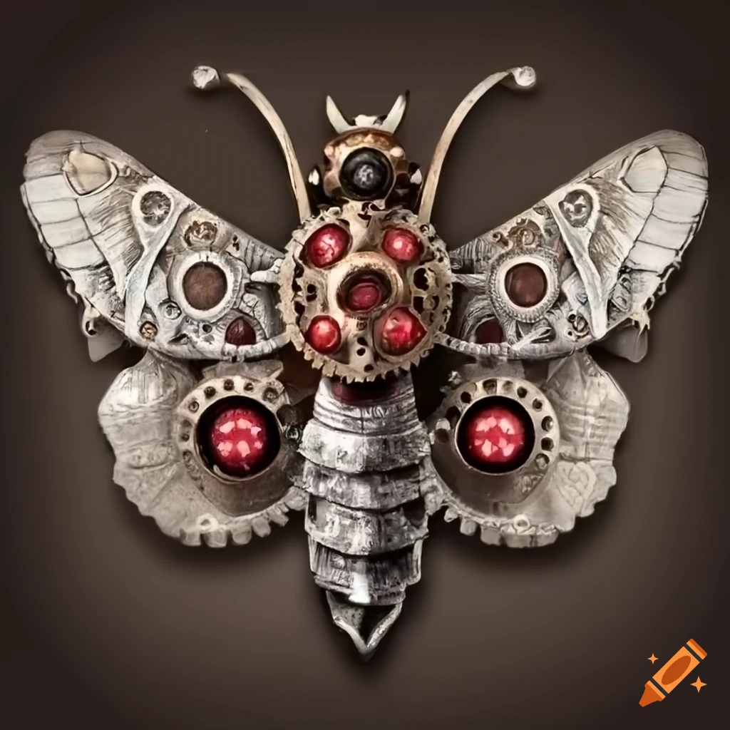 Steampunk silver moth with gears and ruby red eyes and six mechanical ...