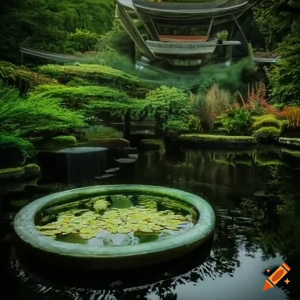 A geometric garden, pond ::5 water lilies, trees, cherry blossom ...