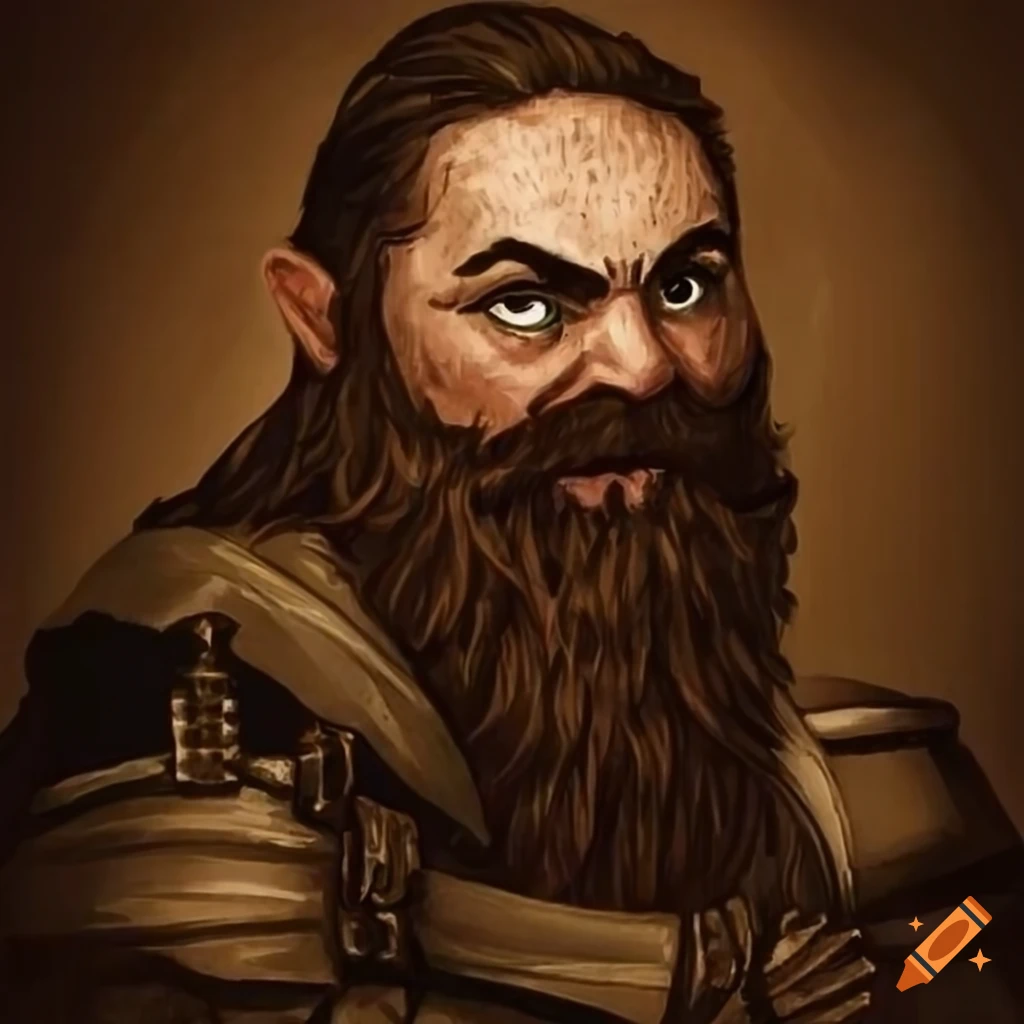 Portrait of a smiling dwarf knight with a long black beard, sepia ink ...