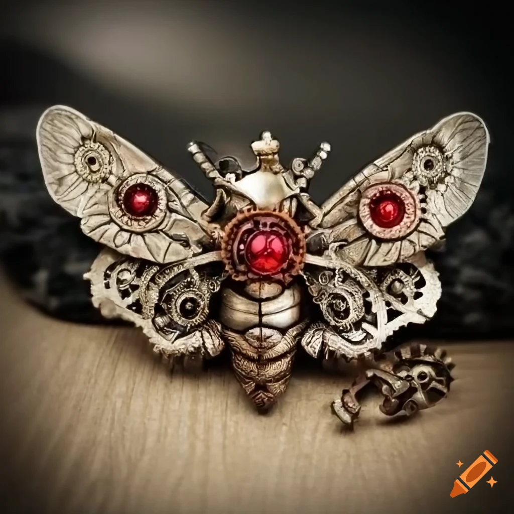 Steampunk silver moth with gears and ruby red eyes and six mechanical ...