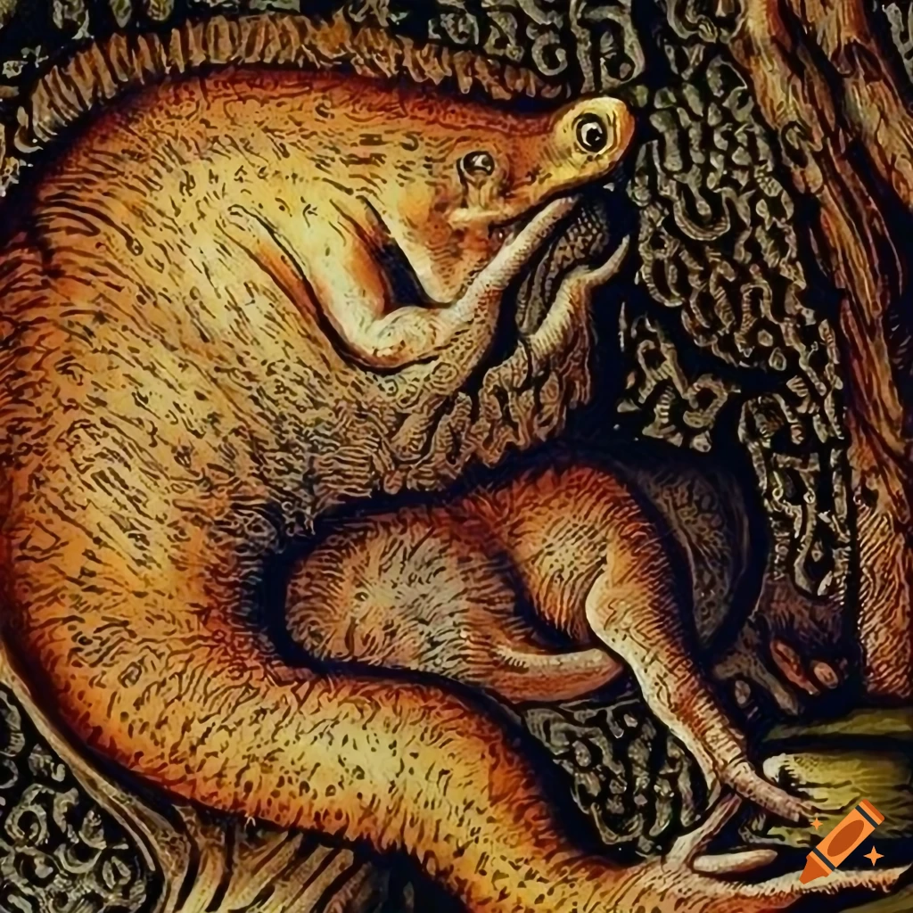 High resolution, fine detail, wide view, color illustration of curious creatures in a Medieval ...