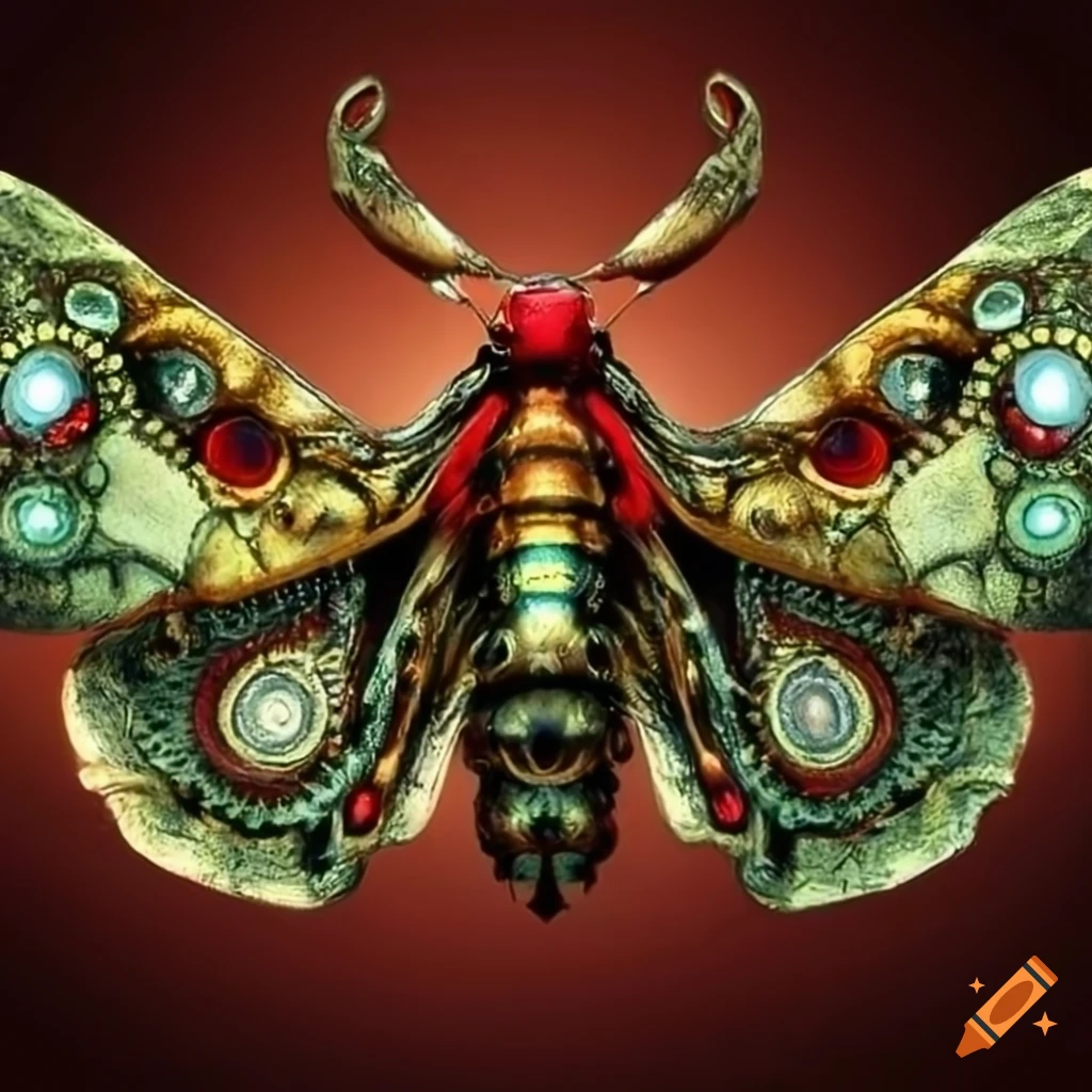 Steampunk metallic moth with six wings and bright red eyes