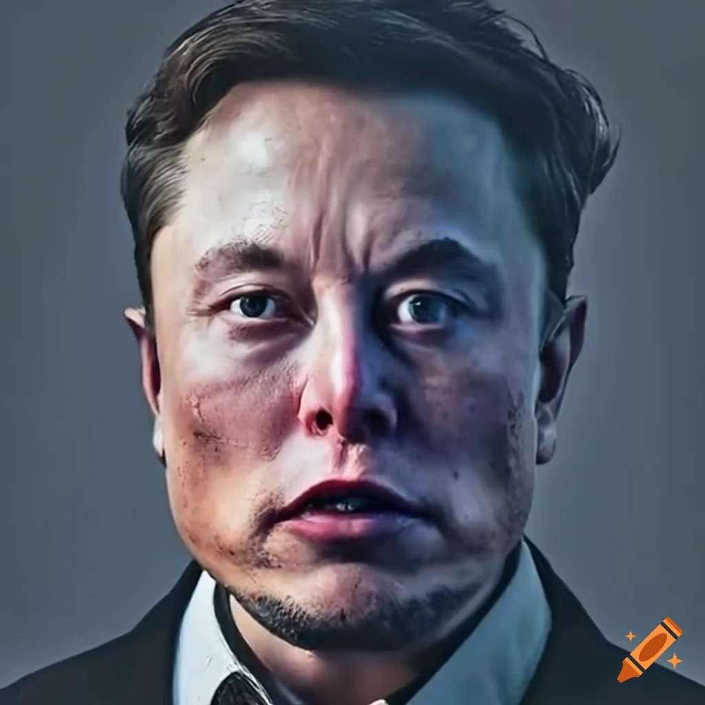 Elon musk staring at the camera with a face of pure horror with a white ...