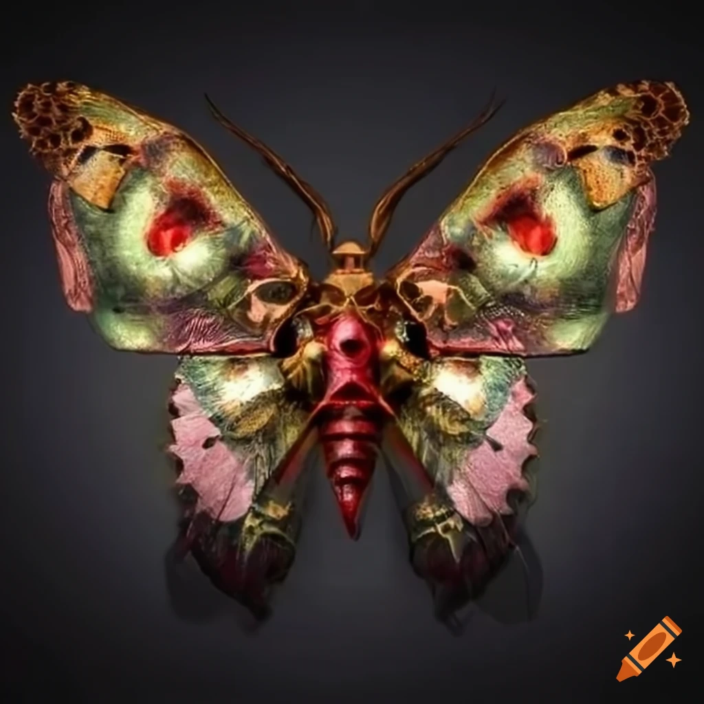 Steampunk metallic moth with six wings and bright red eyes