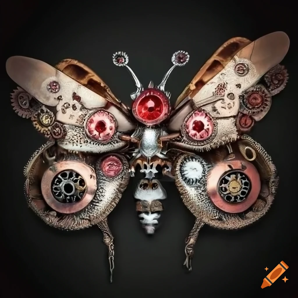 Steampunk mechanical silver moth with six wings and ruby red eyes