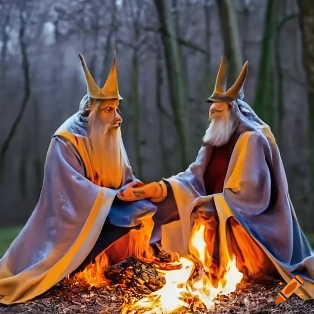 Two wise wizards sitting at a campfire on Craiyon