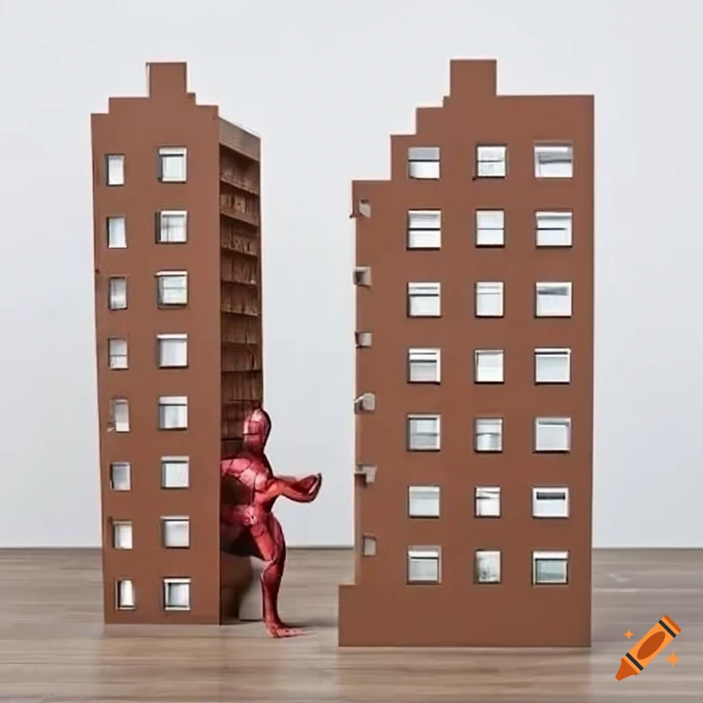 A metal climbing frame in the shape of spider-man with brown blocks of ...