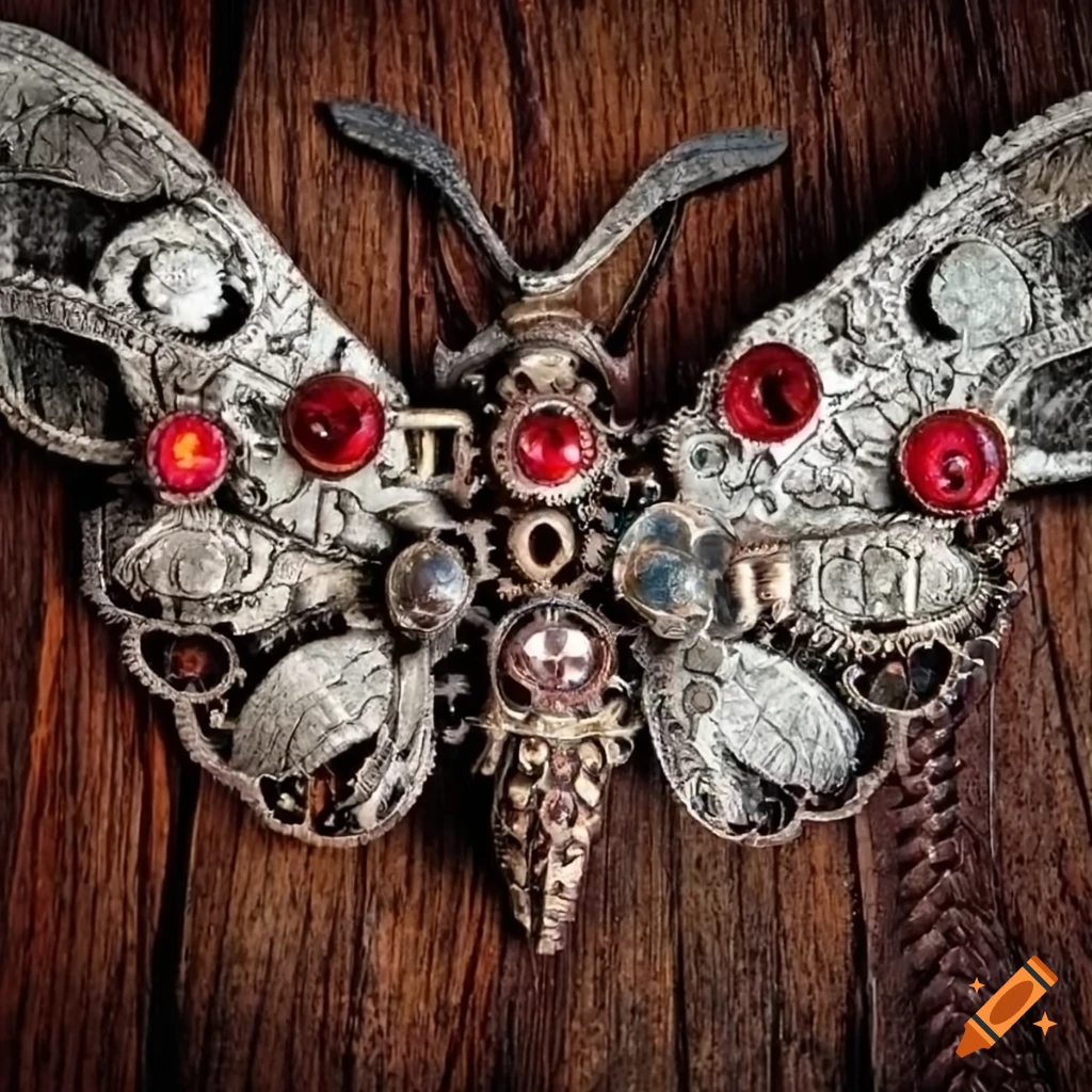 Steampunk silver moth with gears and ruby red eyes and six mechanical wings