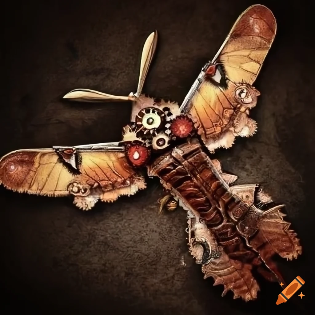 Steampunk mechanical moth with six wings and ruby red eyes
