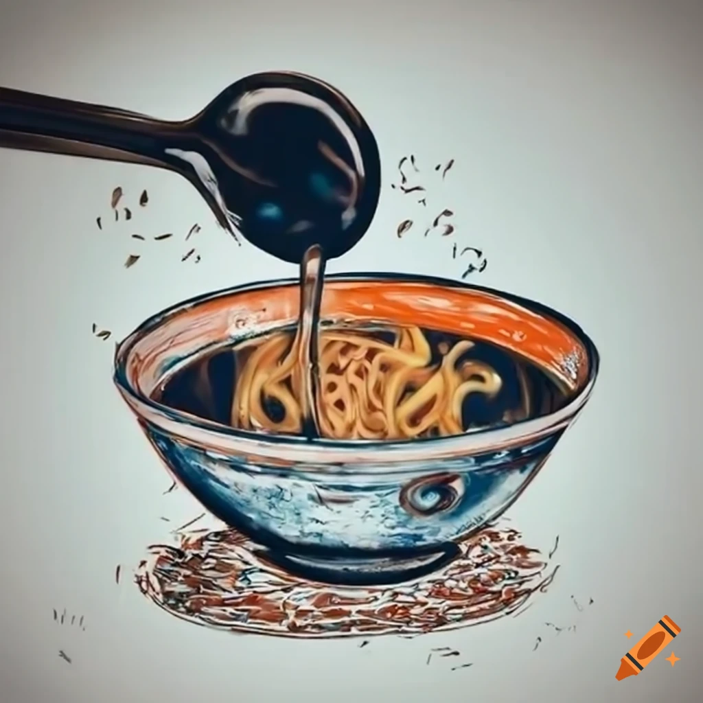 Pouring ramen into a bowl with artistic japan design with spoon on Craiyon