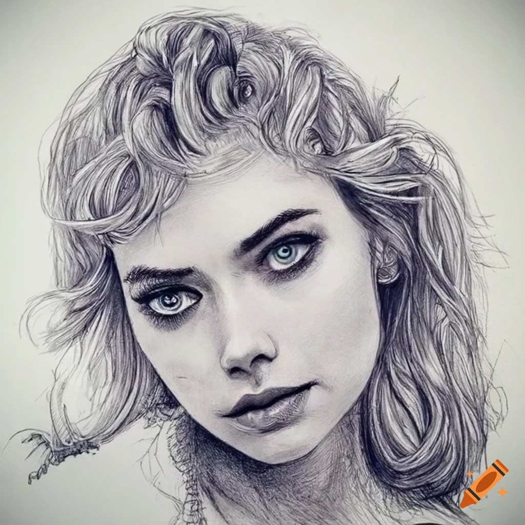 Intricate pen drawings representing Imogen Poots with thin, detailed ...
