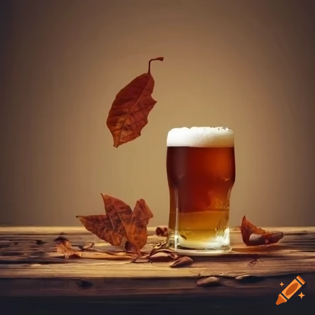 Amber beer in a wood with tree leaves falling