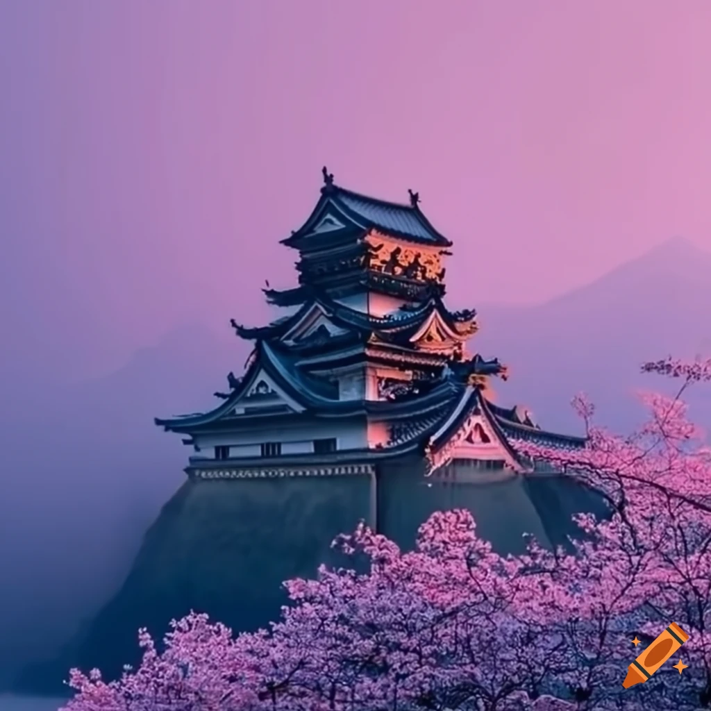 A Japanese castle surrounded by fog, cherry blossom trees and a ...