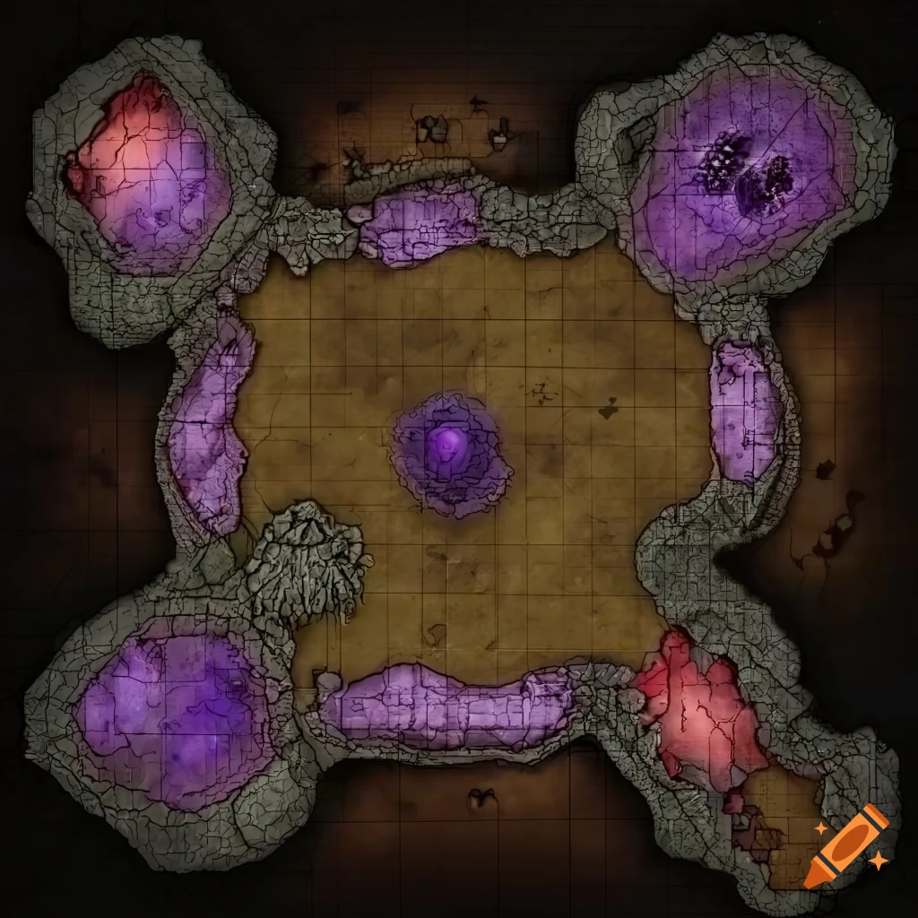 D&D top down battlemap battle map fantasy map of a mine rounded cavern ...