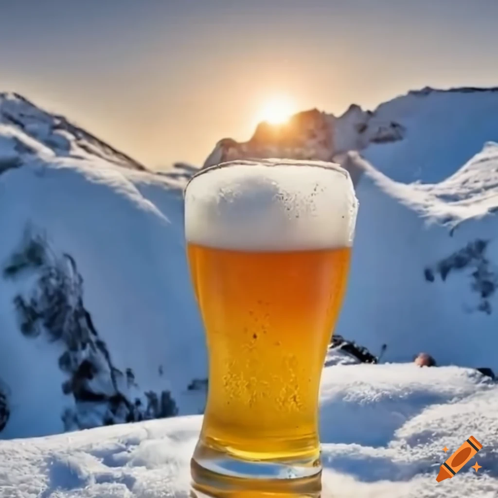 White and hazy beer in a moutain with snow and sun on Craiyon