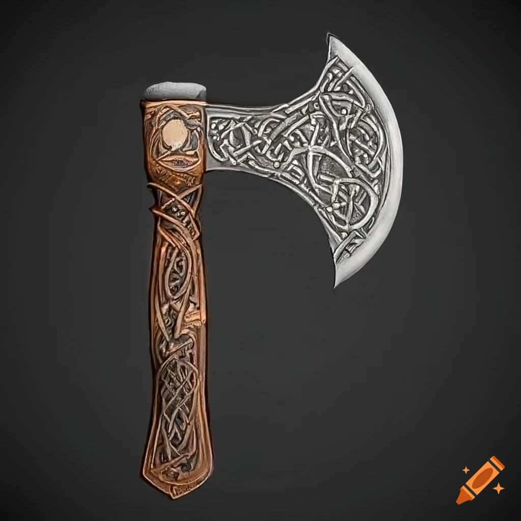 A celtic ax with engraved symbols floating on a centered deep black ...