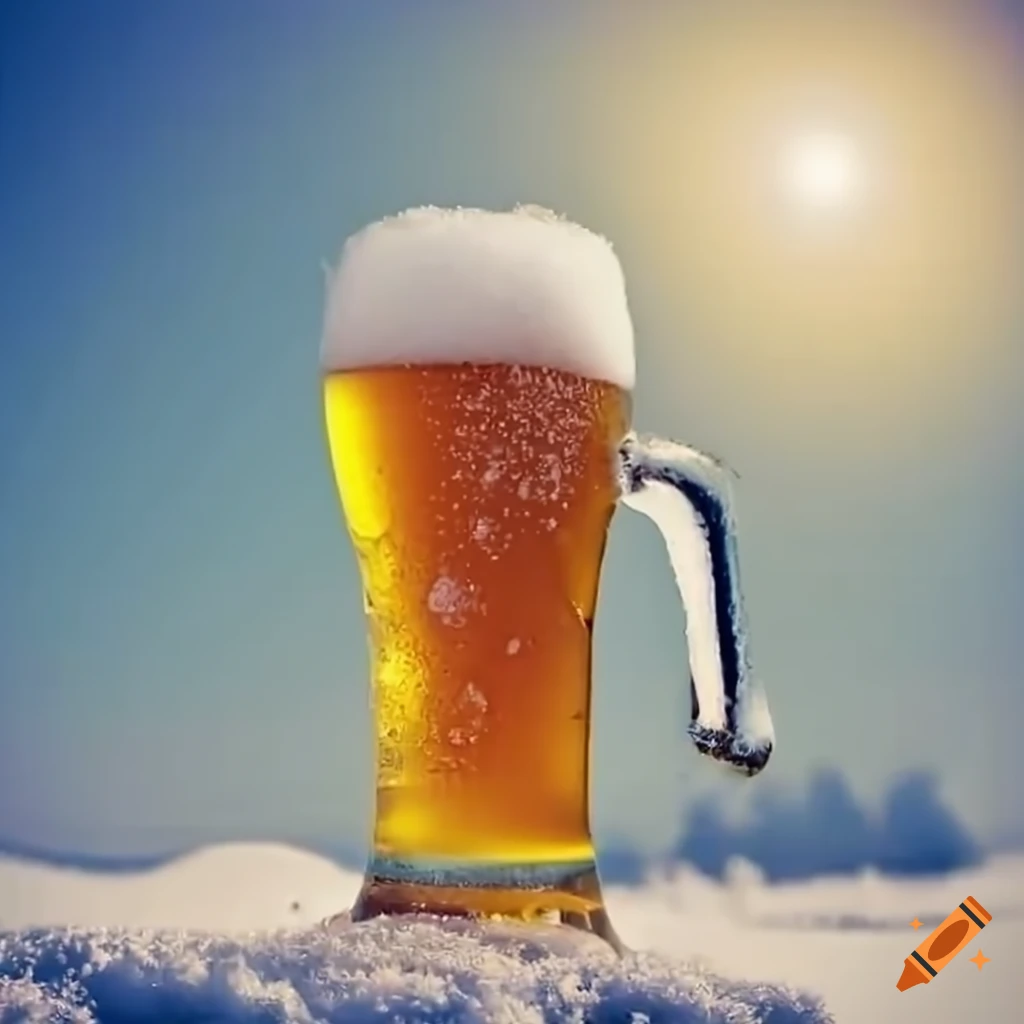 Wheat beer in the snow with a sunny background