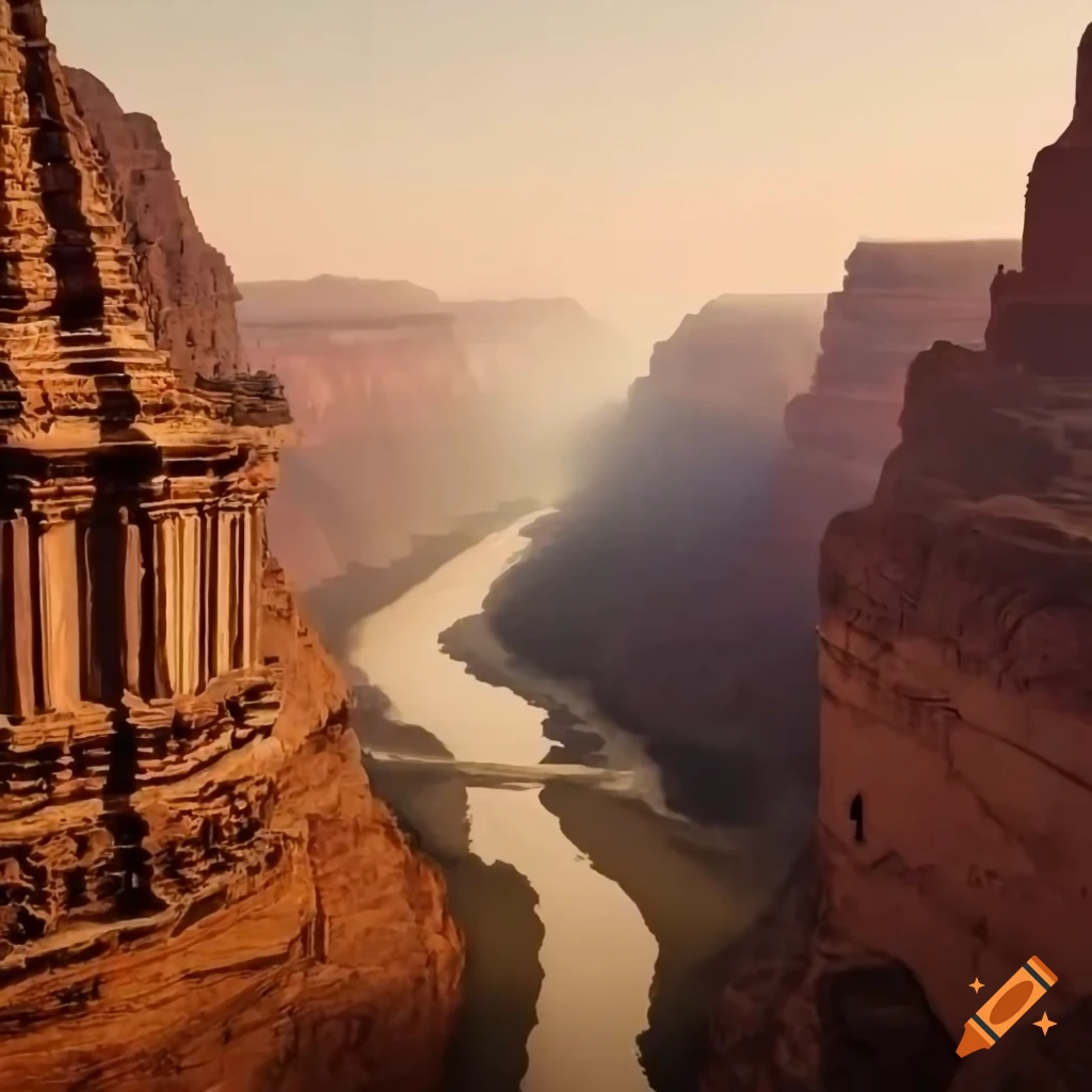 A grand birds eye view of stone temple in the desert landscape with ...