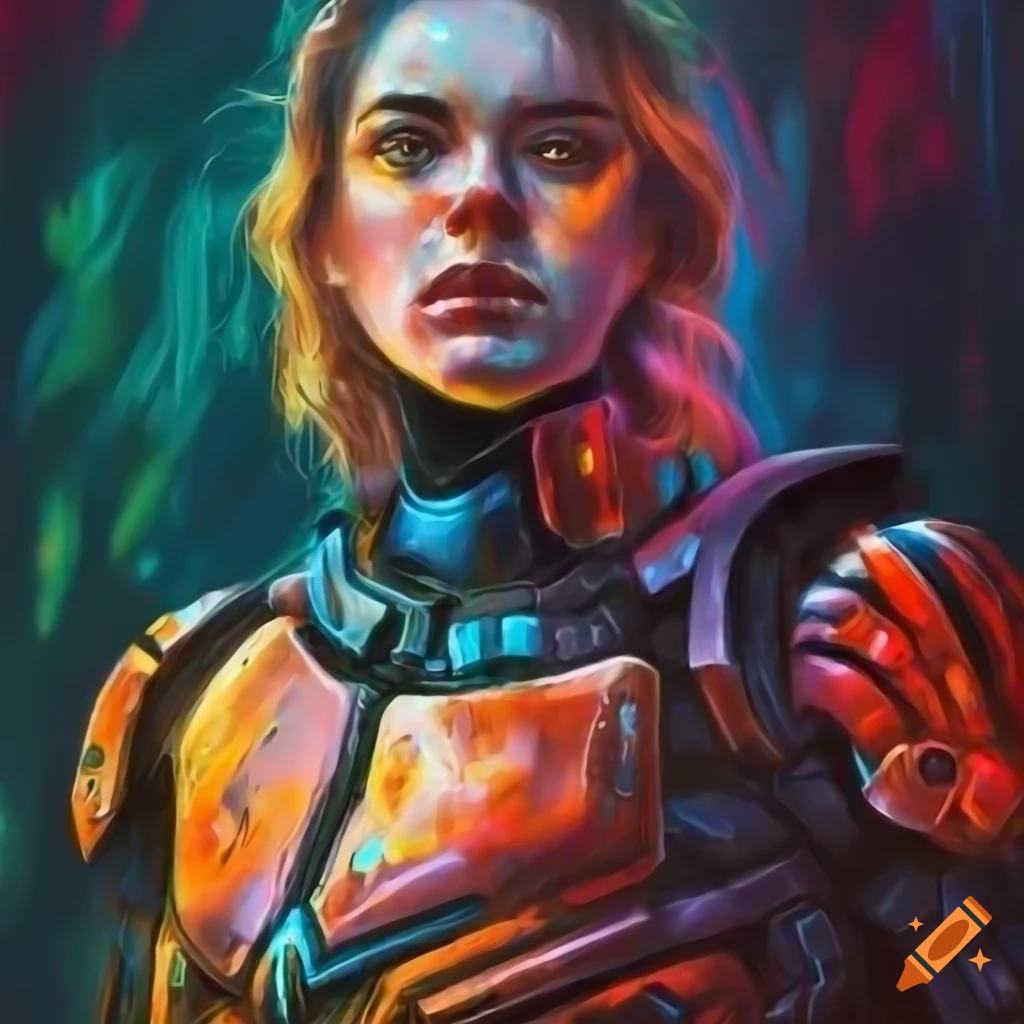 A person in sci-fi armor, portrait, with wavy long hair, glowing lines ...